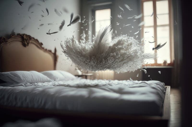 Bed with Flying Feathers. Creative Design Concept. Ai Generation Stock ...