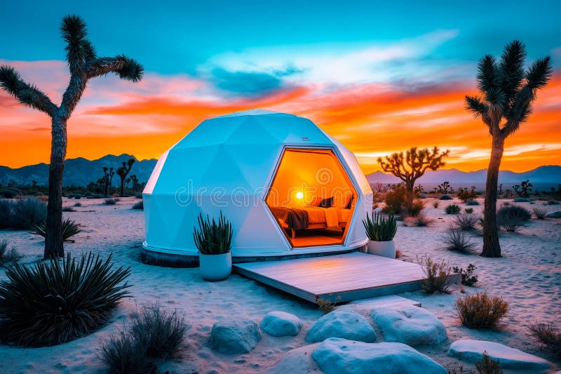A Bed in the Middle of a Desert with a Sunset in the Background Stock ...