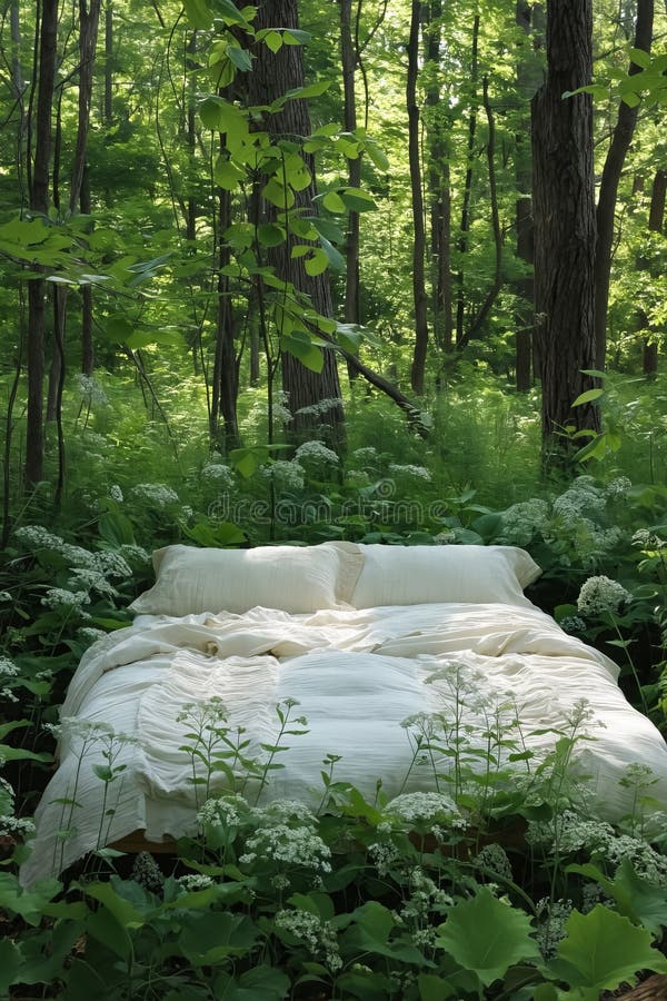 A Bed in the Middle of a Lush Green Forest. Generative AI Stock Photo ...