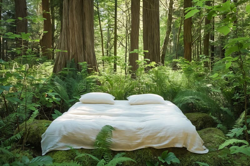 A Bed in the Middle of a Lush Green Forest. Generative AI Stock Photo ...