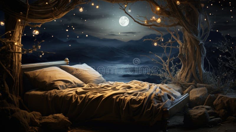 A Bed with a Night Sky and a Full Moon, AI Stock Image - Image of ...