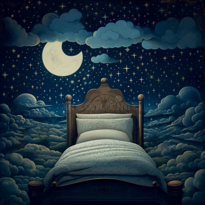 Bed in the Night Sky with Moon and Clouds - Illustration for Children ...