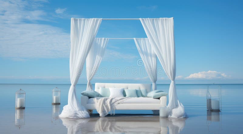 Bed in the Ocean Next To an Ocean, in the Style of Light Sky-blue and ...