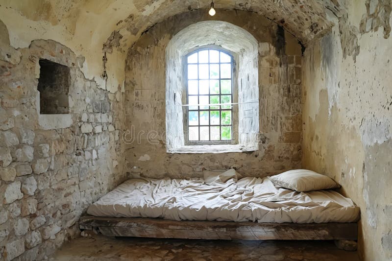 A Bed in an Old Stone Room with a Window. Generative AI Stock Photo ...