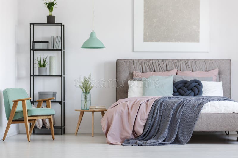 Bed with pastel bedding stock photo. Image of blankets - 97243616