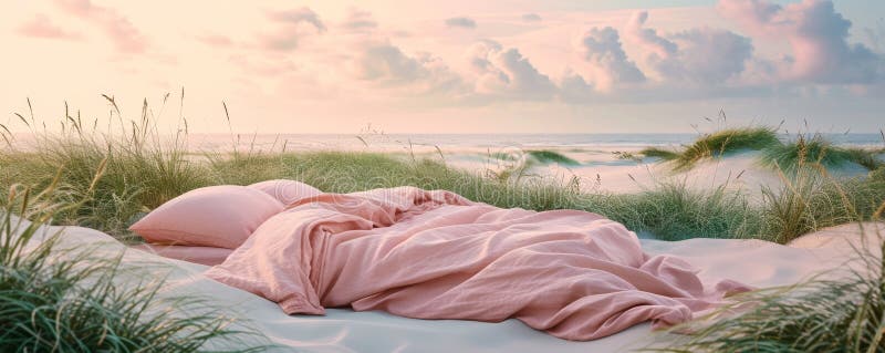Bed with Pink Sheets on a Beach at Sunset, Serene and Peaceful Concept ...