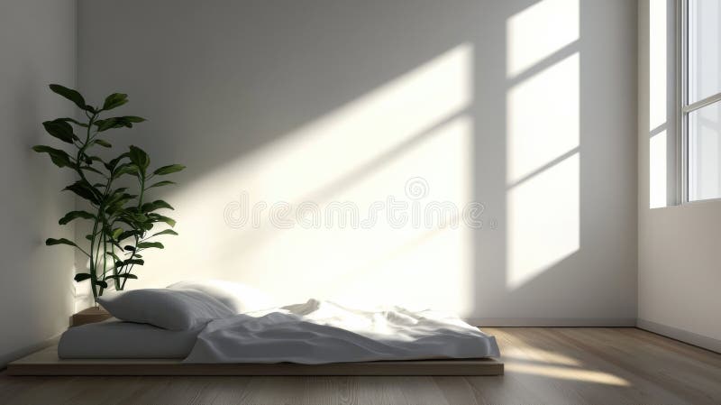 A Bed with a Plant on it in the Corner of an Empty Room, AI Stock ...