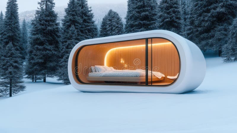 A Bed in a Pod with Lights on and Snow Around it, AI Stock Illustration ...