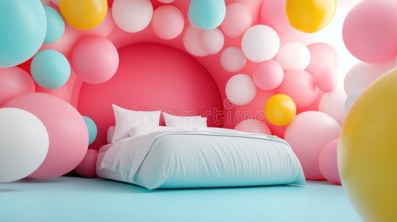 A Bed in a Room with Balloons and Pillows Around it, AI Stock Photo ...
