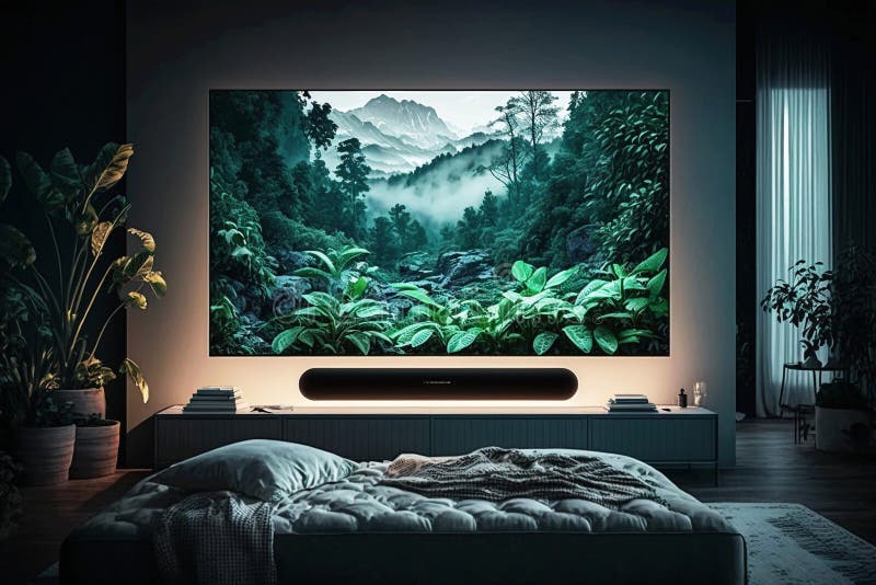 Bed Room with Big Tv Screen on the Wall. Generative Ai Stock ...
