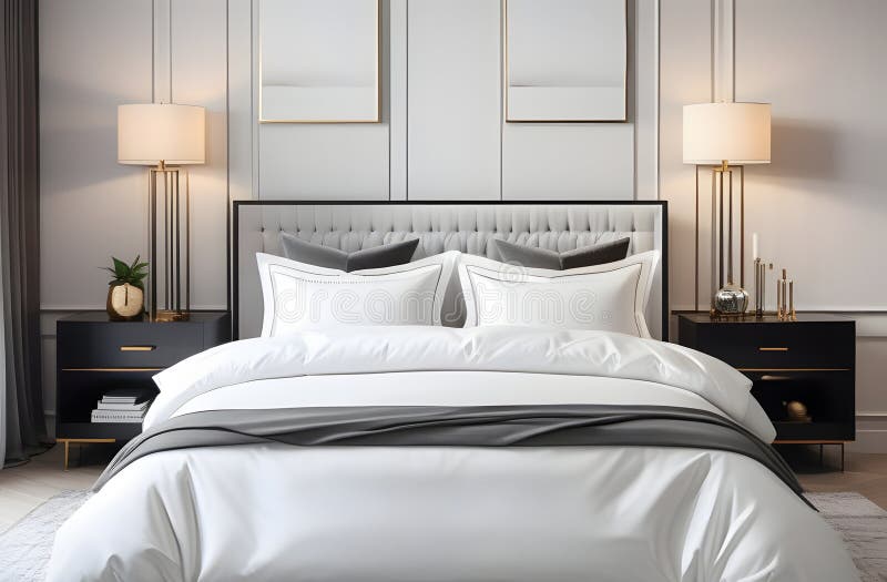 Bed in room. Generative AI stock illustration. Illustration of design ...