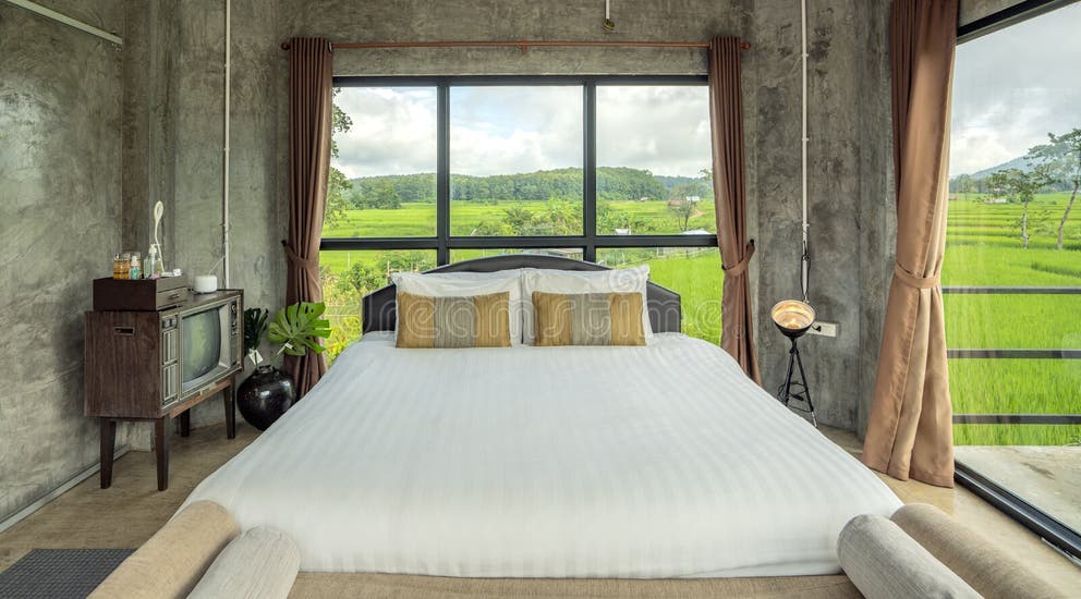 Bed Room in Hone Stay in Nan with Rice Fields Out Sid of Windows Stock ...