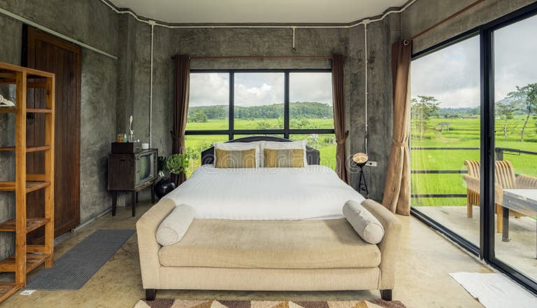 Bed Room in Hone Stay in Nan with Rice Fields Out Sid of Windows Stock ...