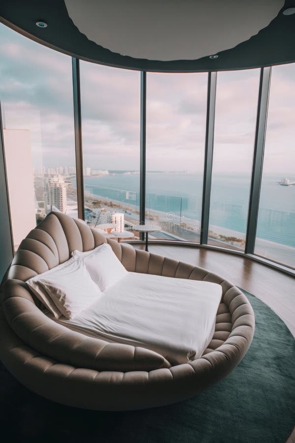 A Bed in a Room with a View of the Ocean. Generative AI Image. Stock ...