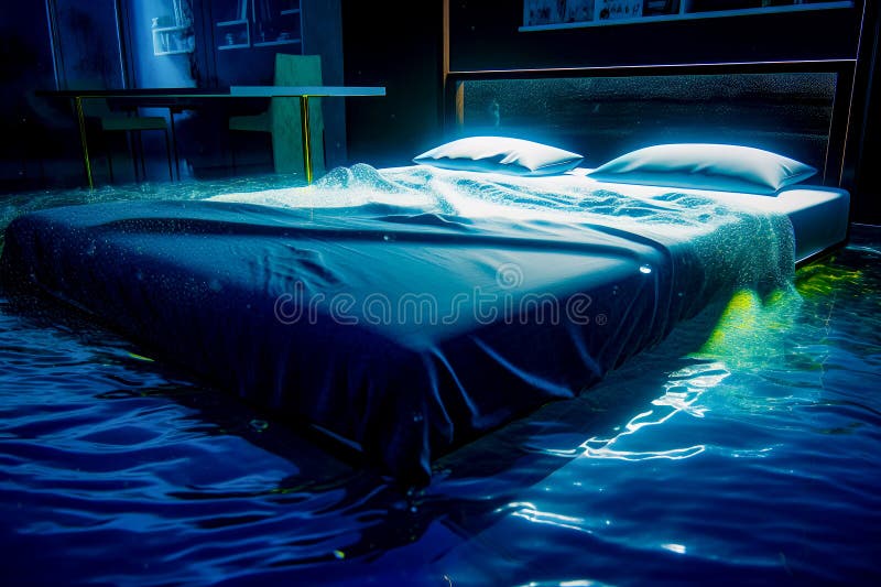 Bed Sitting in the Middle of Room with Water on the Floor. Generative ...
