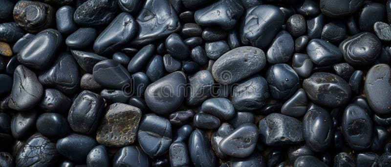 A Bed of Smooth, Rippled Black Stones with Varying Shapes and Textures ...