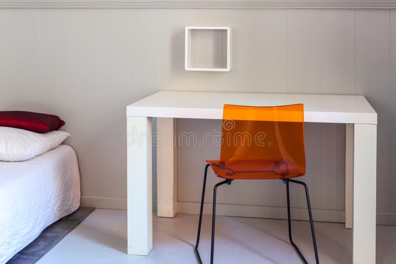 Bed, Table and Chair, Scene in Apartments Stock Image - Image of pillow ...