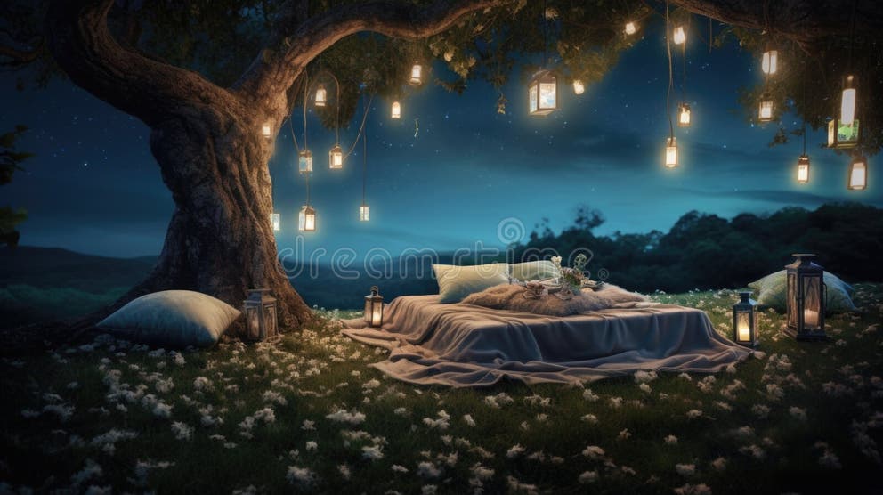 A Bed Under a Tree with Lanterns Hanging from it, AI Stock Illustration ...