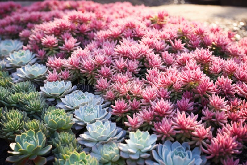 Bed of Various Flowering Succulents, Midday Light Stock Image - Image ...