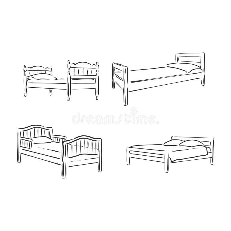 Bed Vector Sketch Illustration. Black Outline Vector Bed on White ...