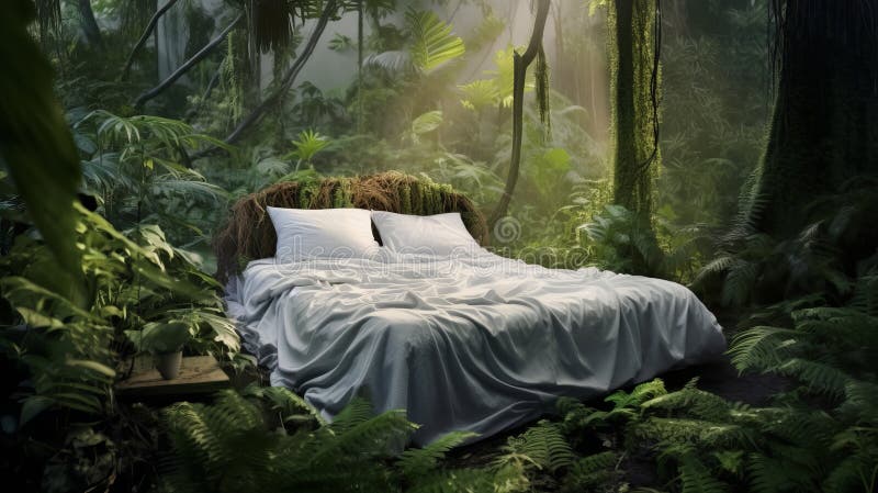 Bed with White Bedding in the Forest Stock Image - Image of outdoors ...