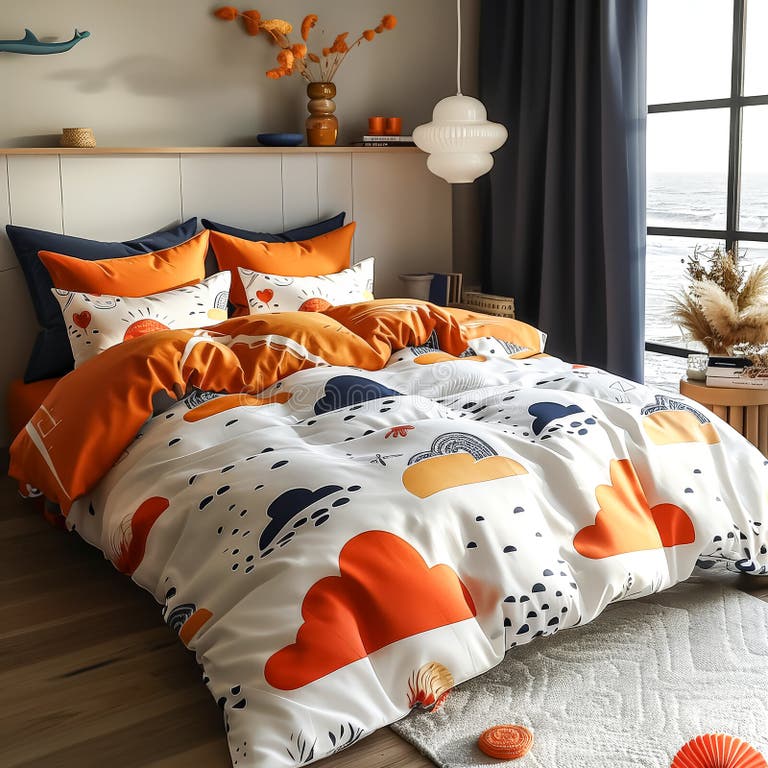 A Bed with a White Comforter and a Red Pillow. Stock Image - Image of ...