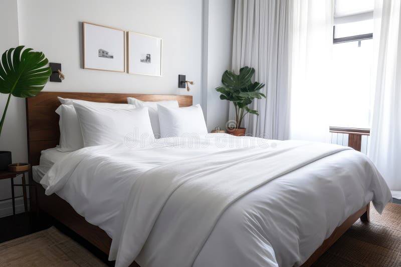 Bed with White Linens, Minimalist Style. Generative AI Stock ...