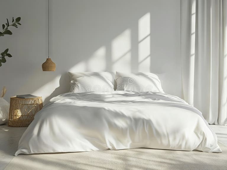 A Bed with White Sheets and Pillows in a White Bedroom Stock Image ...