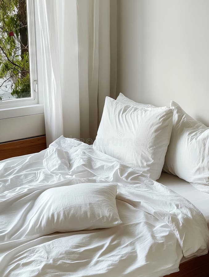 A Bed with White Sheets and Pillows in Front of a Window Stock Photo ...