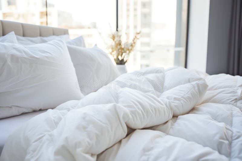 A Bed with White Sheets and Pillows in a White Comforter Stock Photo ...