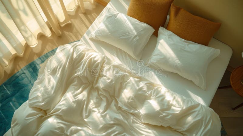 A Bed with White Sheets and Pillows on a Wooden Floor, AI Stock Photo ...
