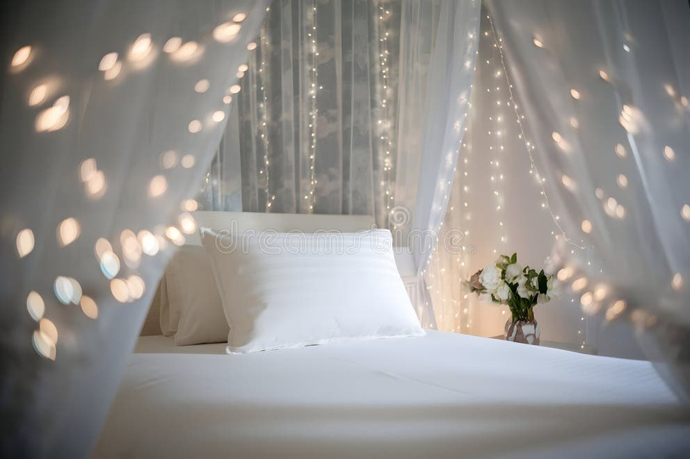Bed with White Sheets Under a Sheer Canopy with Fairy Lights Stock Illustration - Illustration ...
