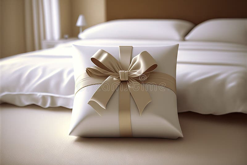 On the Bed is a Wrapped Gift Package with a Bow. Present for Valentines ...