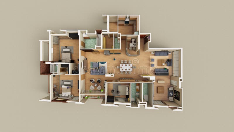 3 Bedroom Apartment Typical Floor Plan 3d Rendering Top View Stock ...