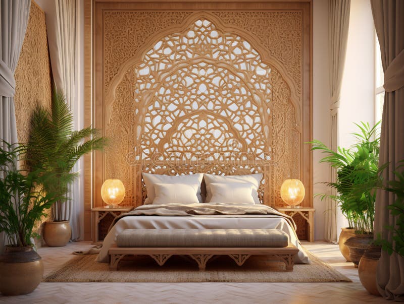 Bedroom in Arabic Interior Design Style with Mashrabiya Behind the Bed ...