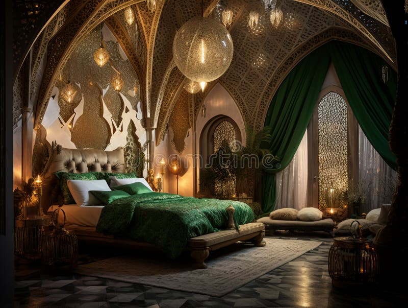 Bedroom in Arabic Interior Design Style with Mashrabiya Behind the Bed ...