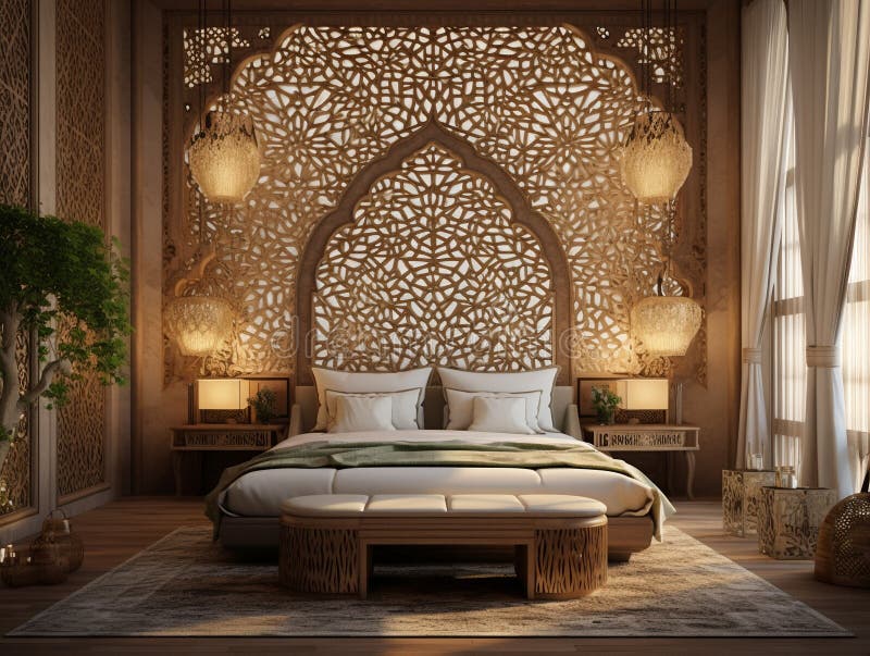 Bedroom in Arabic Interior Design Style with Mashrabiya Behind the Bed ...