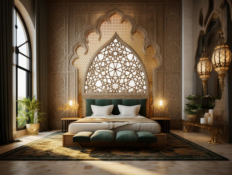 Bedroom in Arabic Interior Design Style with Mashrabiya Behind the Bed ...