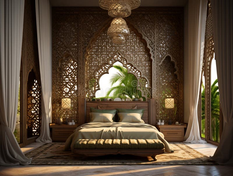 Bedroom in Arabic Interior Design Style with Mashrabiya Behind the Bed ...