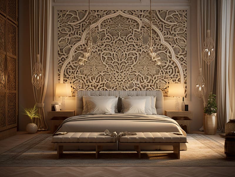 Bedroom in Arabic Interior Design Style with Mashrabiya Behind the Bed ...