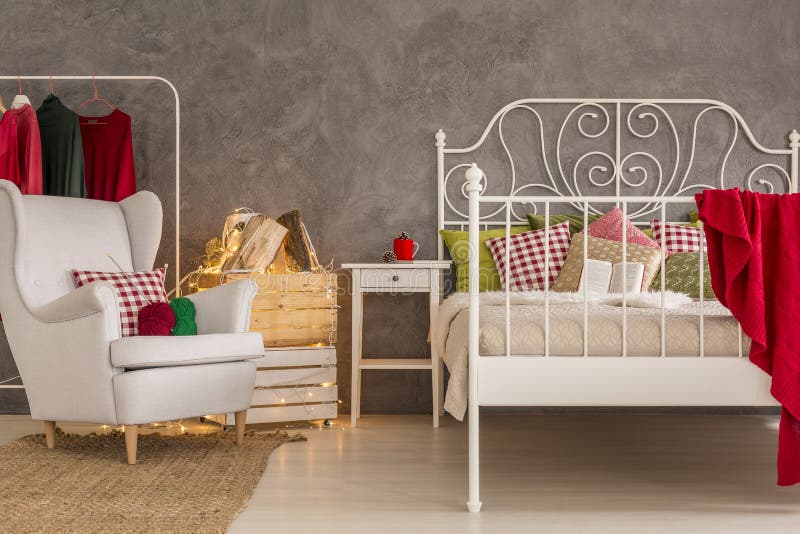 Bedroom with Armchair and Bed Stock Image - Image of rack, decoration ...