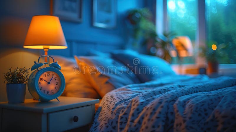 A Bedroom with a Bed, Bedside Table, Alarm Clock, and Lamp Stock Image ...