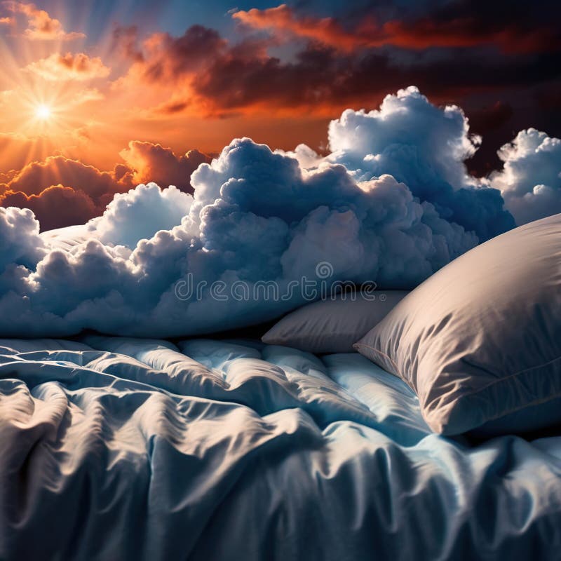 Bedroom, Bed with Cloud Relaxing Sky Theme Stock Illustration ...