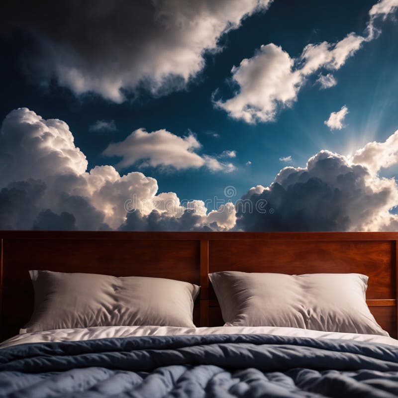 Bedroom, Bed with Cloud Relaxing Sky Theme Stock Illustration ...