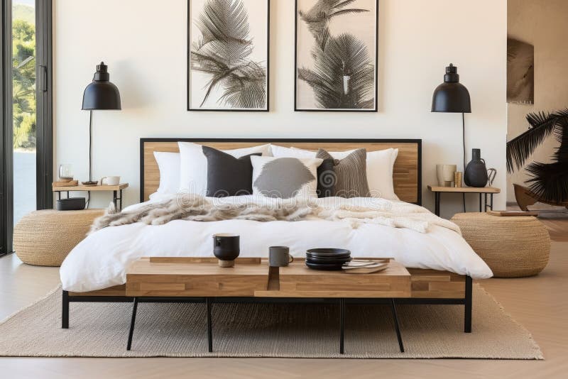 A Bedroom with a Bed and a Coffee Table Stock Photo - Image of interior ...