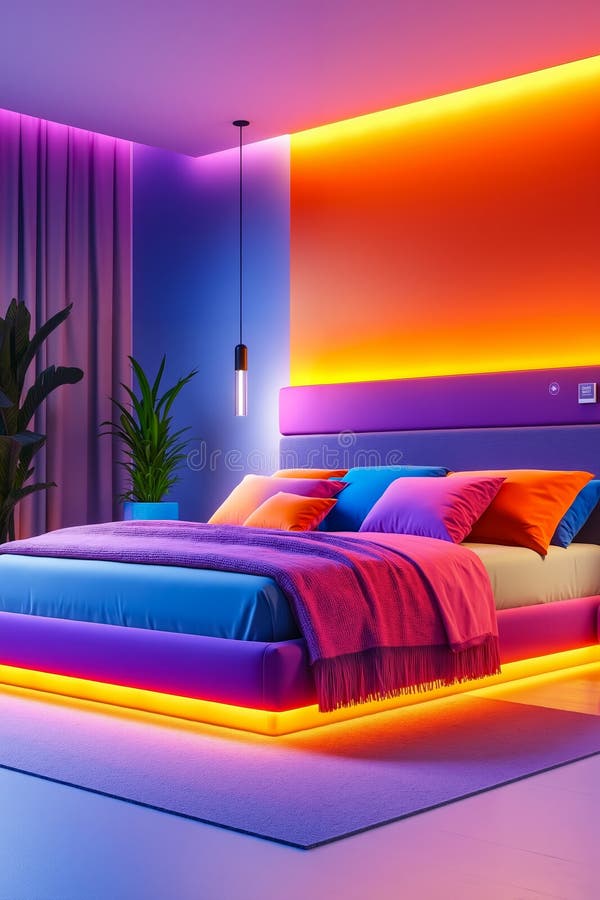 A Bedroom with a Bed and Colorful Lights on the Wall Stock Illustration ...
