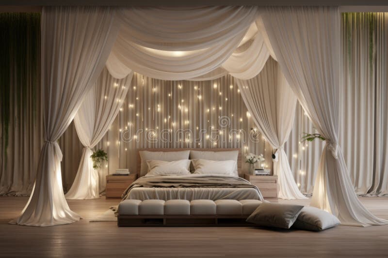 Bedroom with a Bed, Curtains and High Ceiling Stock Photo - Image of ...