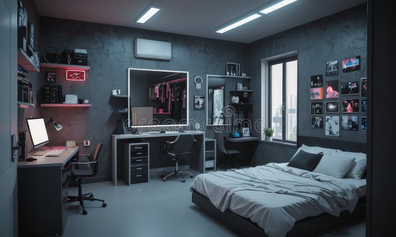 Bedroom with Bed, Desk, and Computer Stock Illustration - Illustration ...