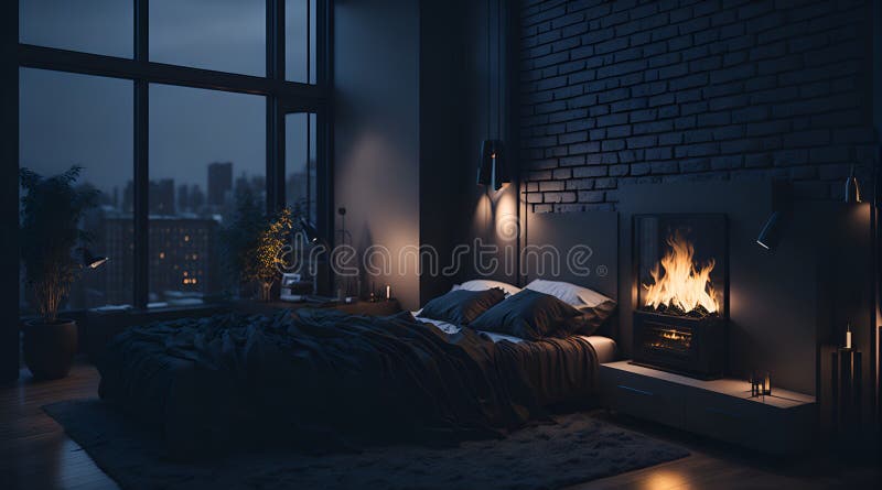A Bedroom with a Bed and a Fire Place Stock Illustration - Illustration ...