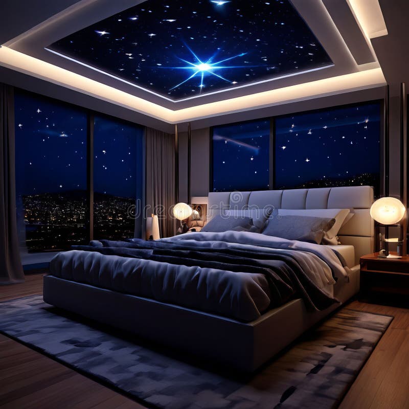 A Bedroom with a Bed that Has a Built in Star Projector on Th Stock ...